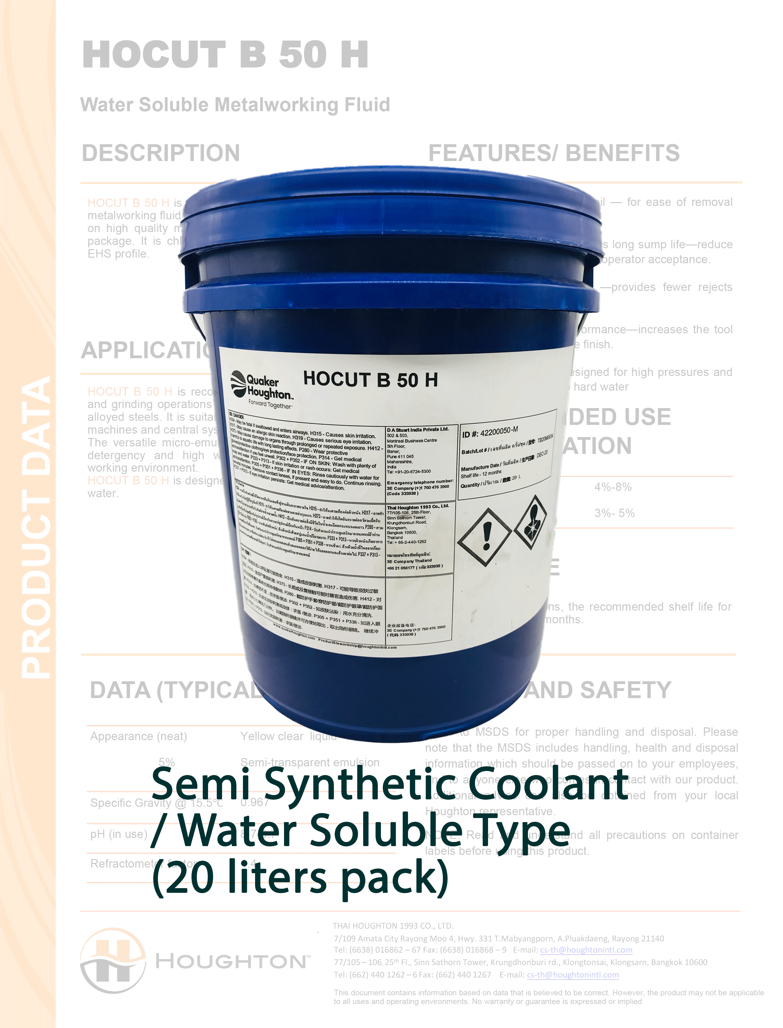 CNC Coolant - Houghton Hocut B50 H (20L) - Semi Synthetic Coolant for ...