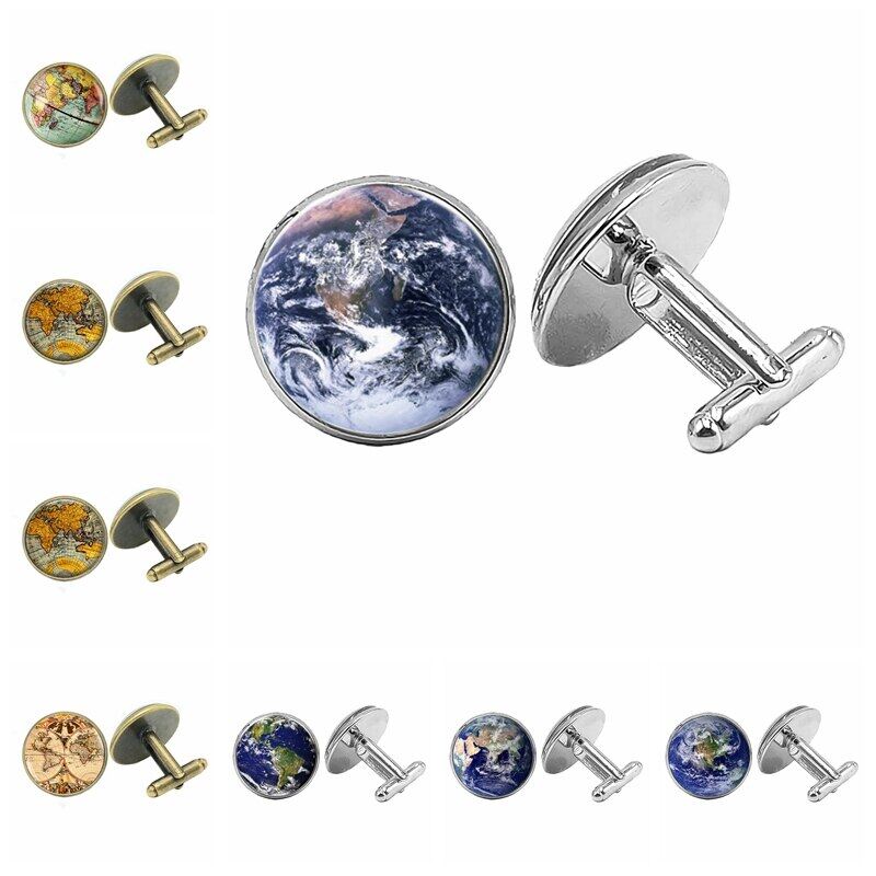 New Jewelry Cufflinks World Globe Pattern Creative Time Glass Round Man ...