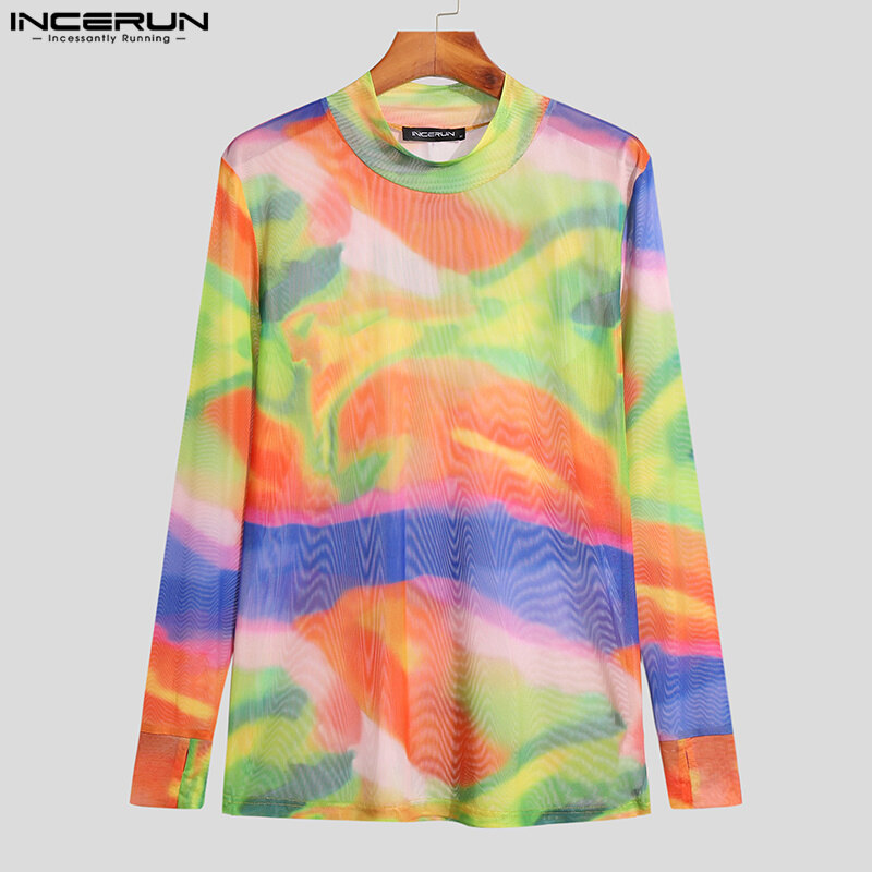 INCERUN เสื้อยืดมัดย้อมแขนยาวสำหรับผู้ชายเสื้อเบลาส์ปาร์ตี้ซีทรู (ชุด ...