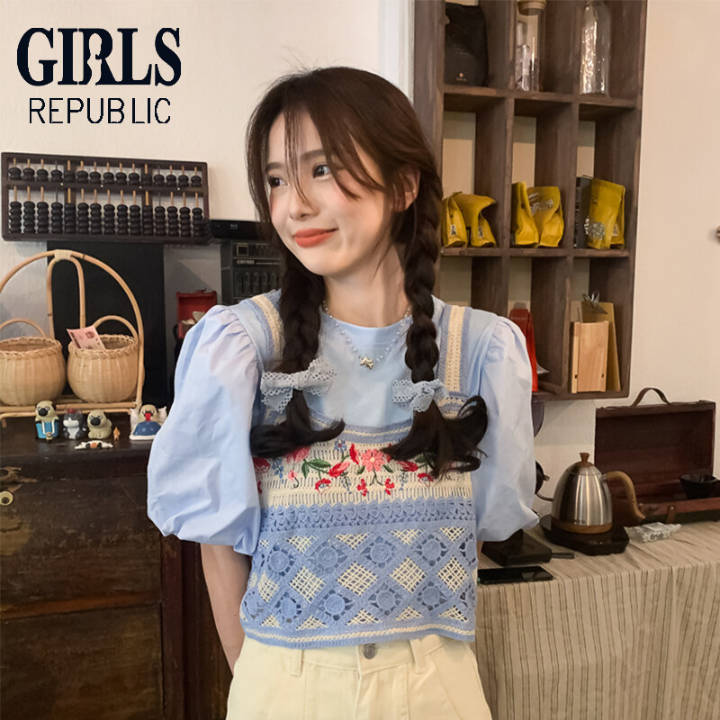 Girls Republic เสื้อยืดแขนสั้นของผู้หญิง,เสื้อสายเดี่ยวสั้นปักลายดอกไม้ ...