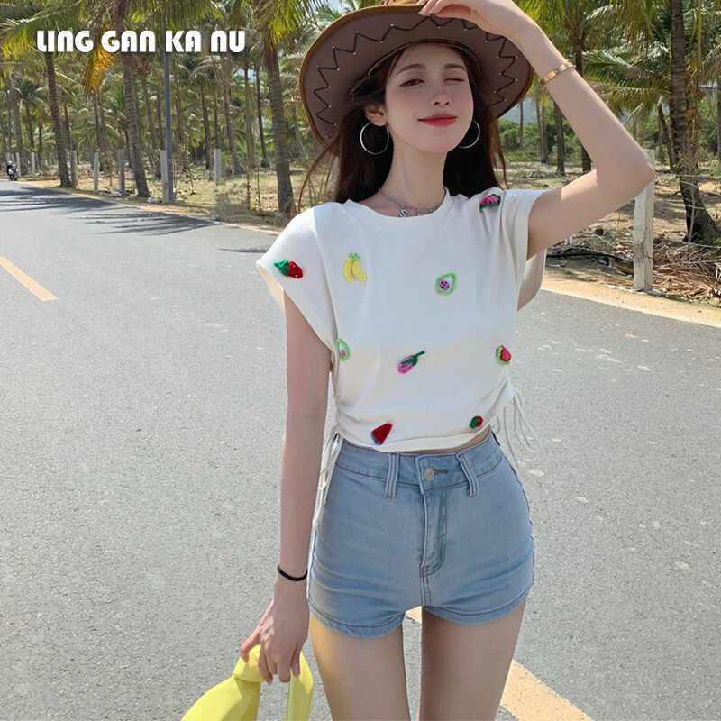 LING GAN KA NU เสื้อครอปไอจี 2022 ฤดูร้อนใหม่เกาหลีแฟชั่นผู้หญิงเย็บปัก ...