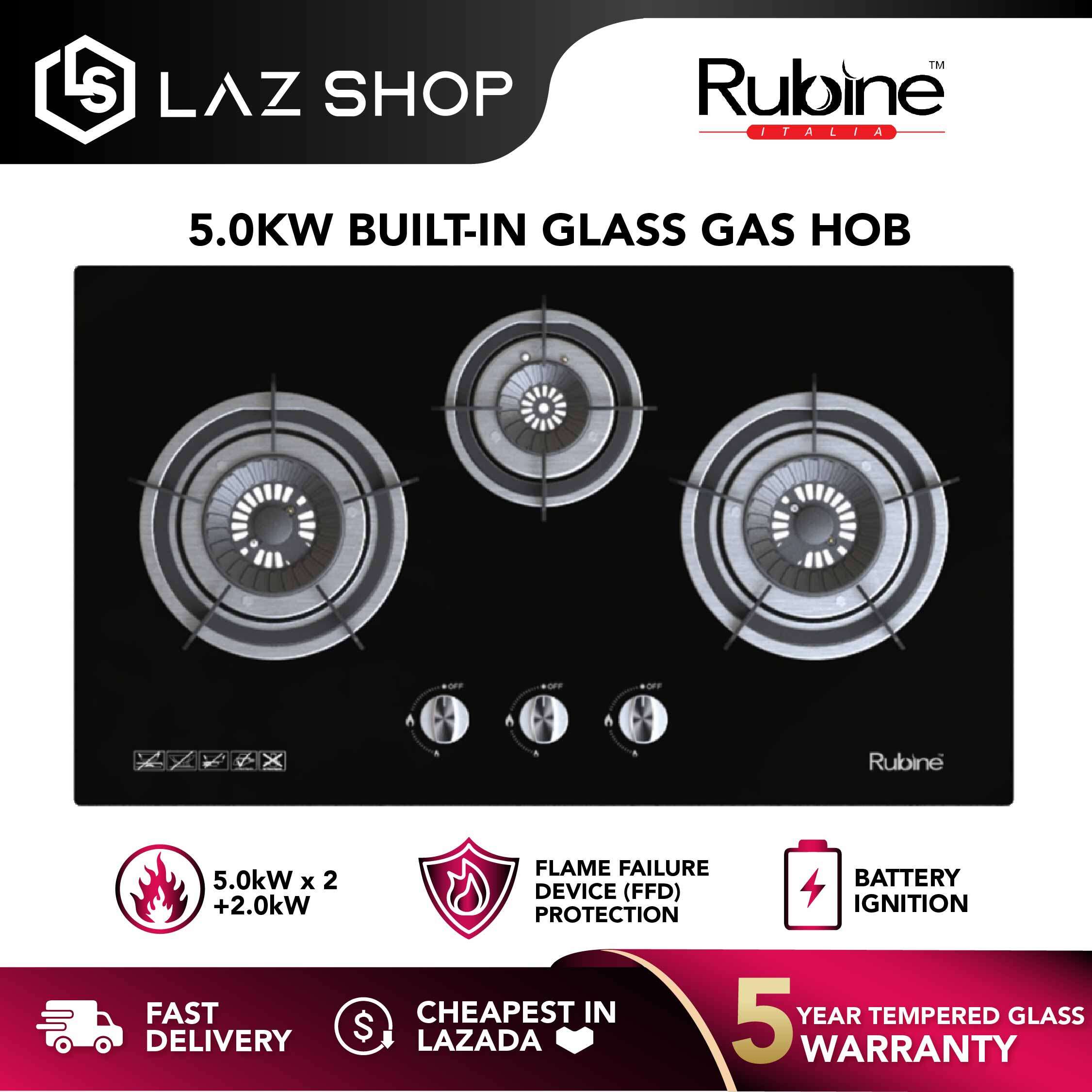 Rubine 5.0kW Black Tempered Glass 3 Burner Built-In Gas Hob RGH-VISTA3B ...