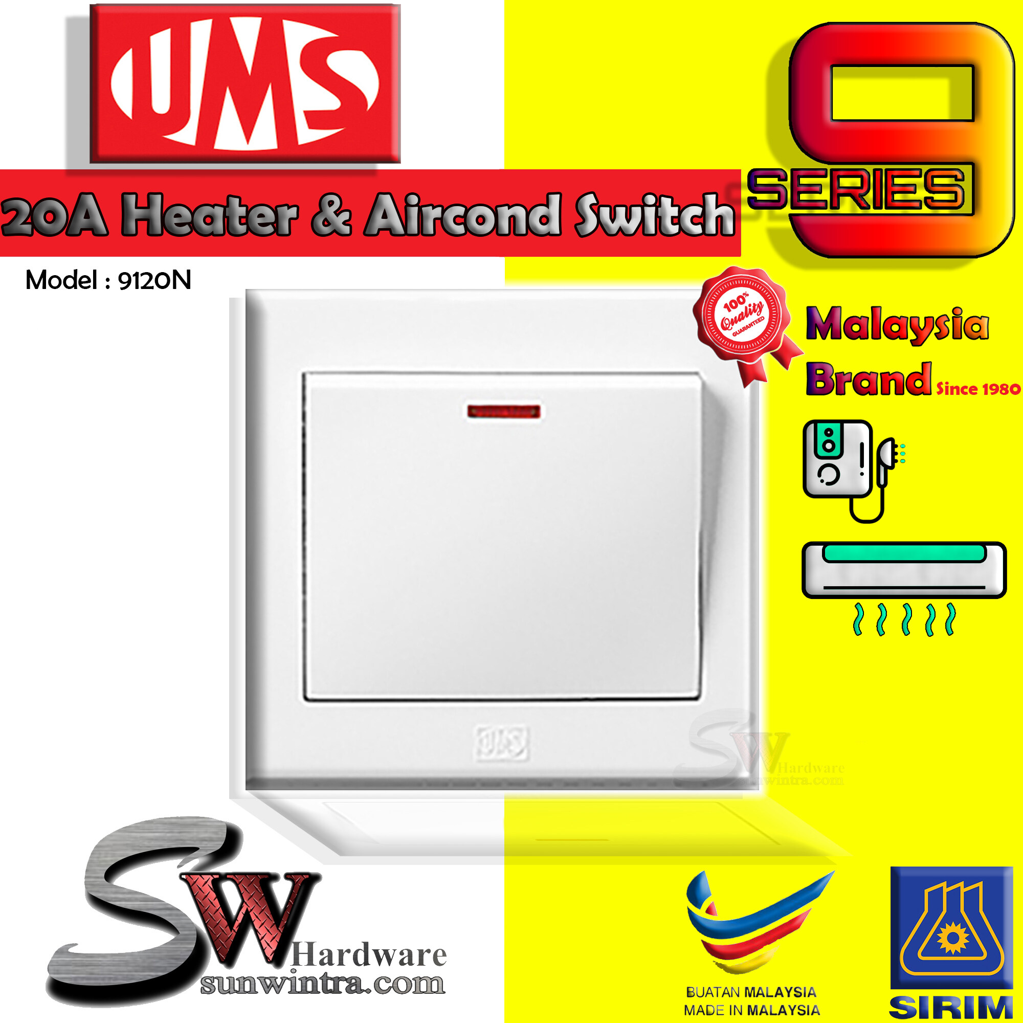 UMS 9 Series 9120N 20A 1 Gang 1 Way DP Switch Neon Air Conditioner or Heater Switch (SIRIM) Suis ...