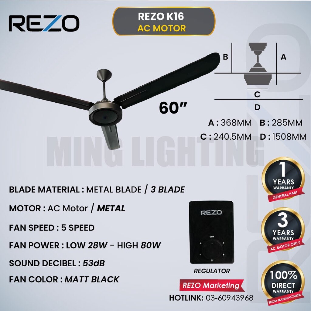 (Sirim) REZO Ceiling Fan Classic Series K16 Fans 3 Blades AC Motor Regulator Control Kipas ...