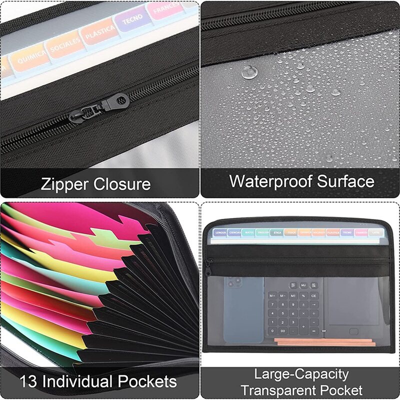Color File Folder with Zipper,13Pocket Expandable File Holder,A4 Letter ...
