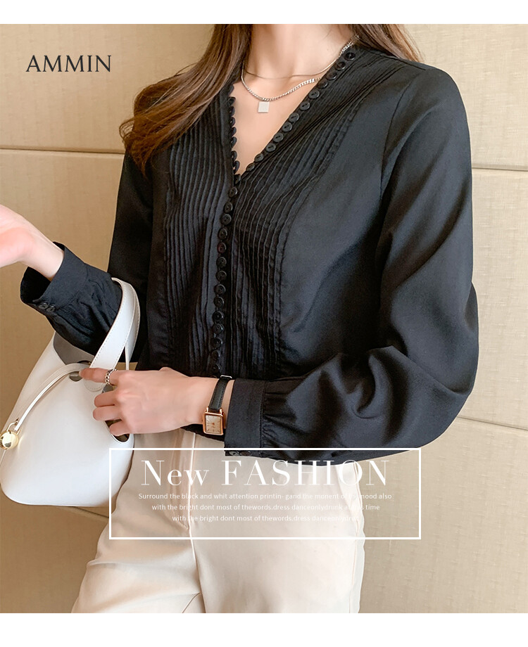 Ammin Tops 2021 Autumn New Organ Pleated Style V Neck White Elegant