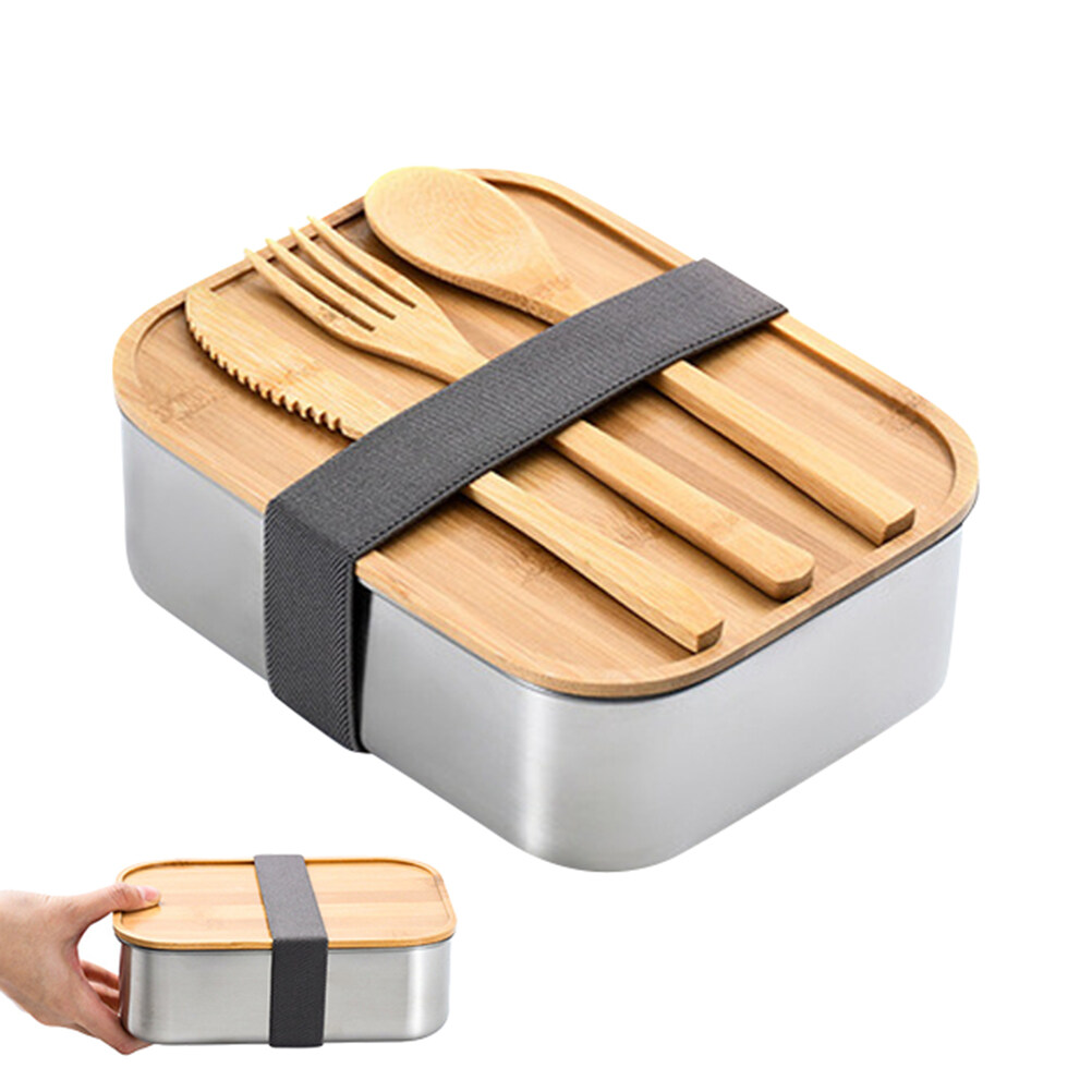 Stainless Steel Bento Lunch Box Metal Containers Wood Lid with 3Pcs ...