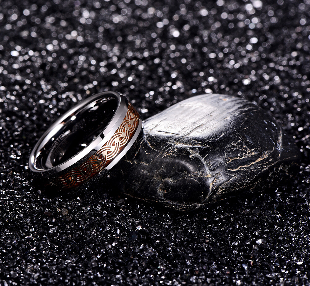 BONLAVIE 8mm Mens Tungsten Carbide Ring with Golden Corrugated Pattern ...