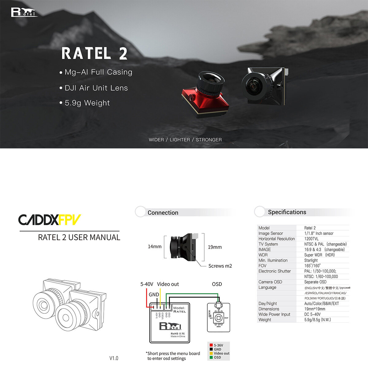 Caddx Ratel 2 1/1.8'' Starlight 1200TVL 2.1mm Lens FOV 165° NTSC/PAL 16 ...