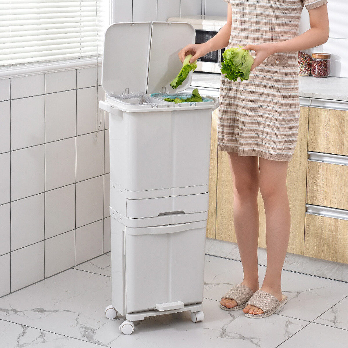 Waste Bin Kitchen Living Room Bathroom Wheels Trash Can Dry and Wet ...