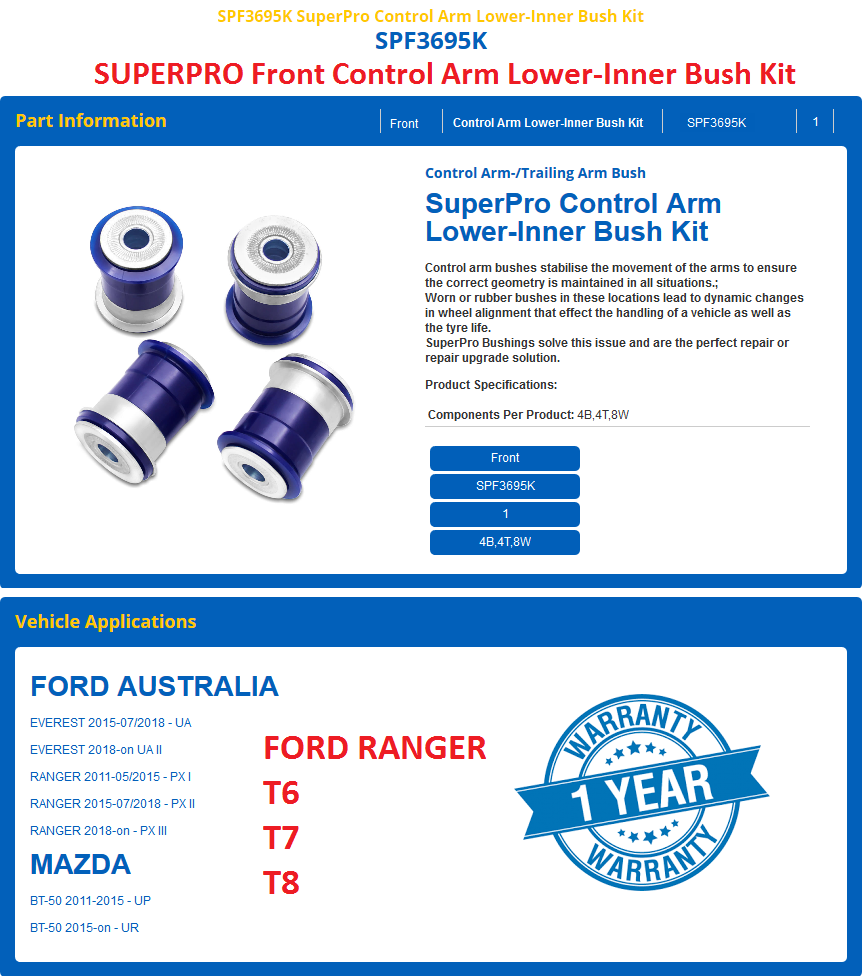 SUPERPRO FRONT LOWER ARM BUSH FORD RANGER T6 T7 T8 SPF3695K (2013 ...