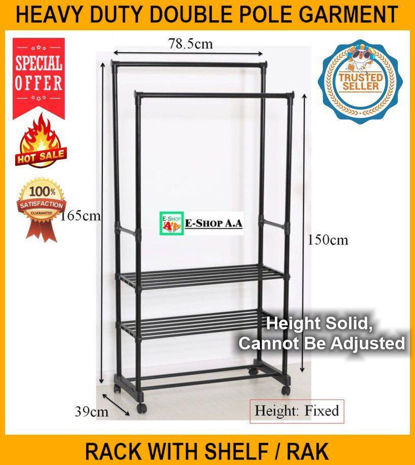 Heavy Duty Double Pole Garment Rack With Shelf / Rak Baju Kain Pakaian ...
