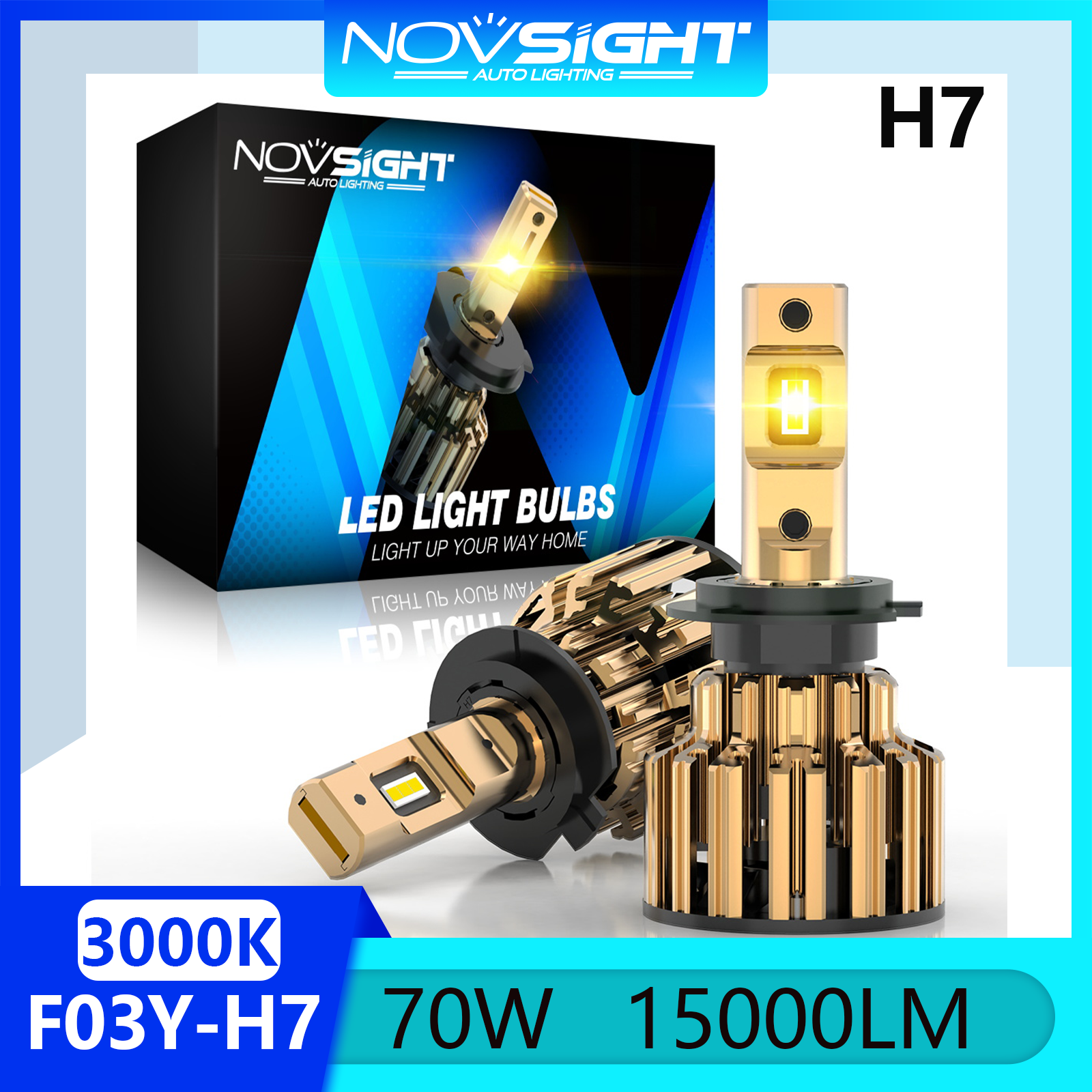 Novsight Golden Light F03Y H7 LED Headlight Bulb 70W 15000LM 3000K ...