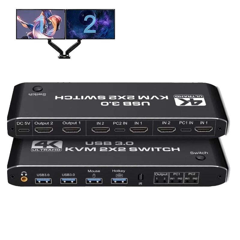 2X 2สวิตช์ KVM สำหรับ HDMI 4K 60Hz จอภาพคู่ KVM HDMI แบบขยาย USB สวิตช์ ...