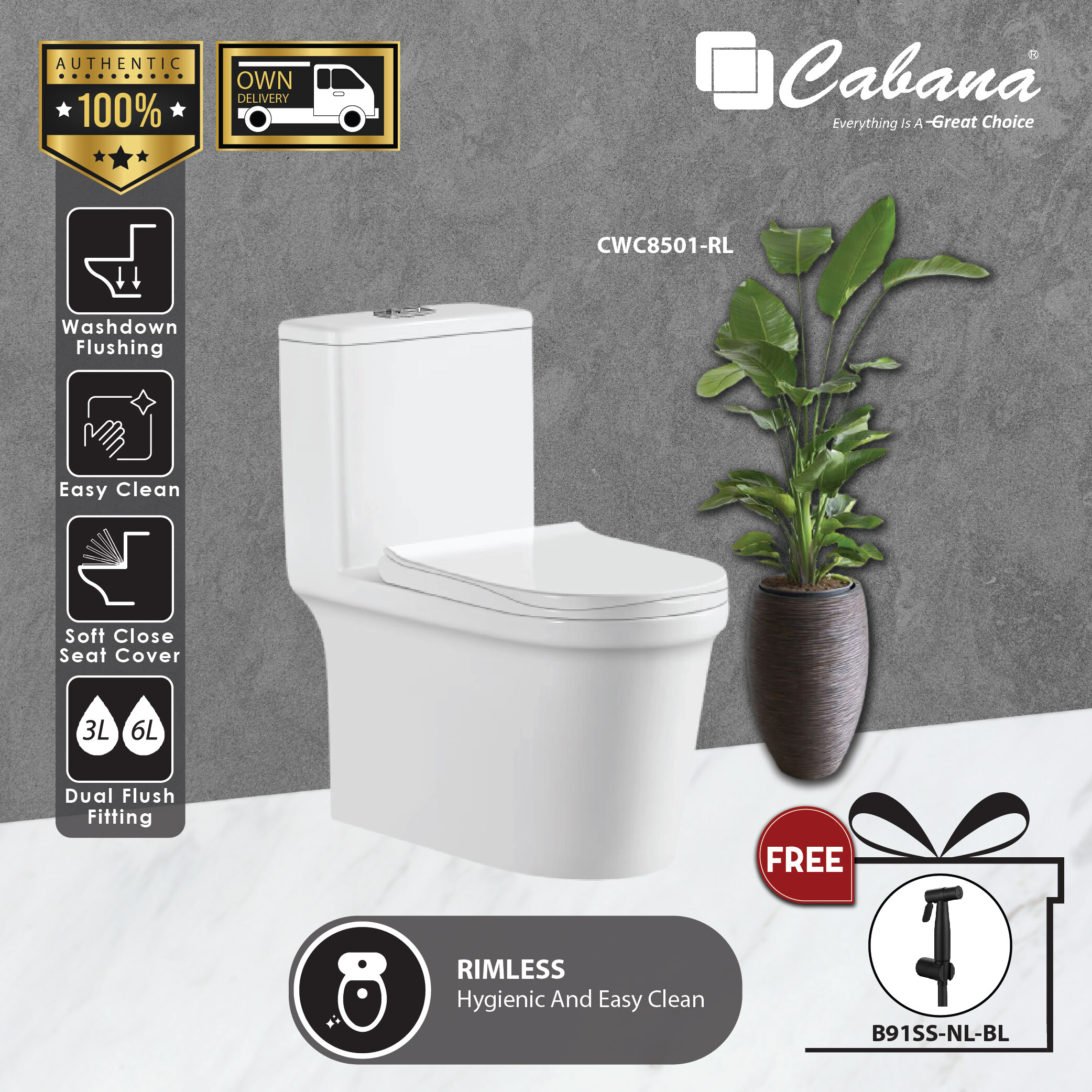 CABANA CWC8501-RL One Piece Wash Down wc Water Closet Ceramic Soft ...