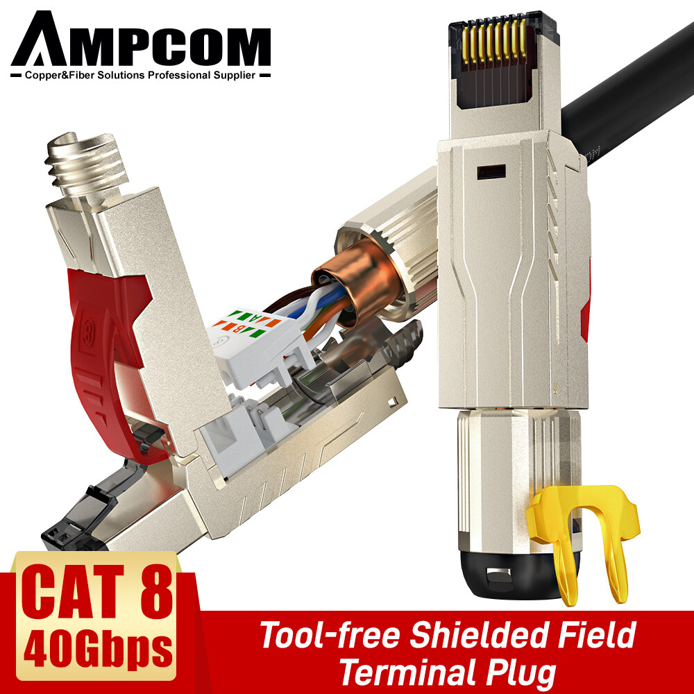 AMPCOM CAT8 RJ45 Connector, Shielded Modular Plug - Field Termination Tool-Free 40G 2Ghz, 22 ...