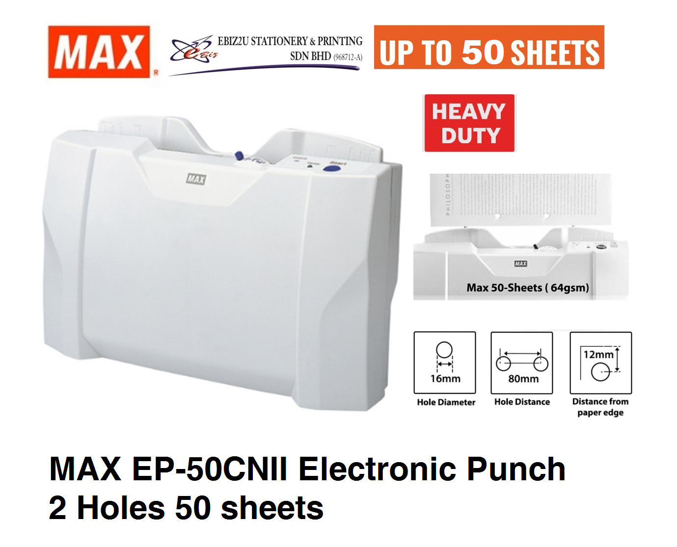 MAX EP-50CNII Electronic Punch 2 Holes 50 sheets (penumbuk, puncher ...
