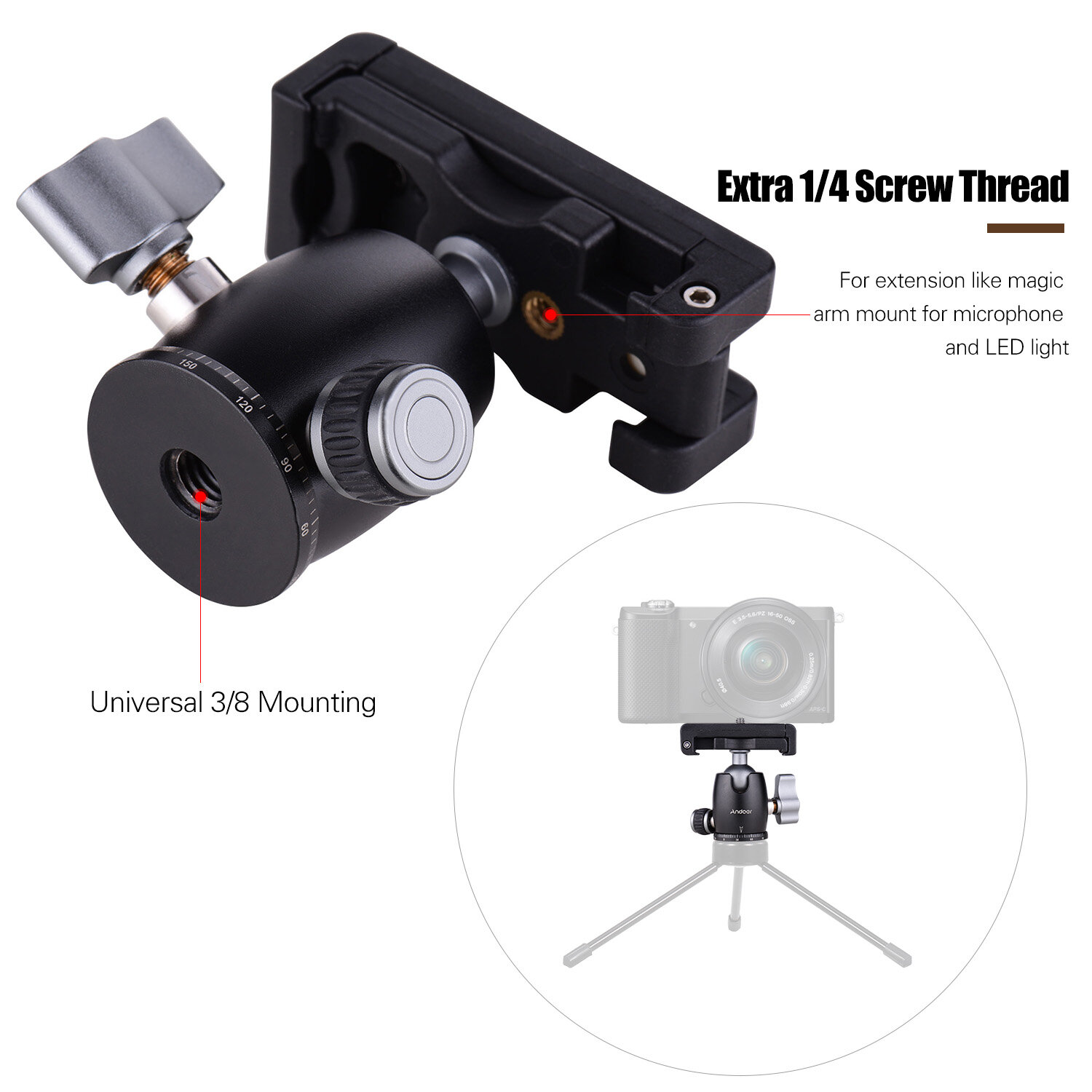 Andoer Tripod Camera Ball Head 360° Swivel Panorama Rotating with ...