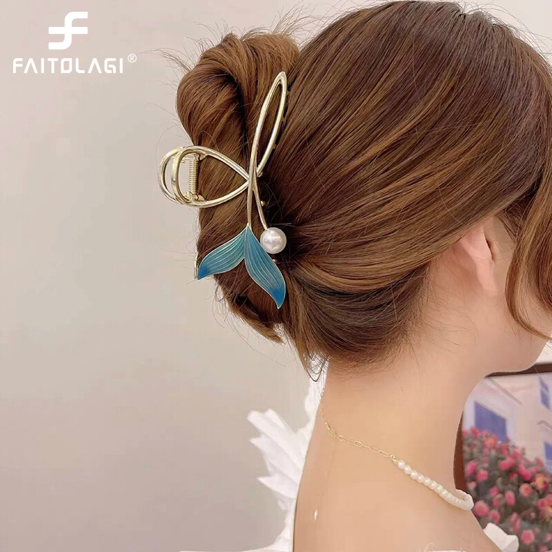 Blue Fishtail Pearl Hair Claw สำหรับผู้หญิงสีทองโลหะคลิปผม Simple ...