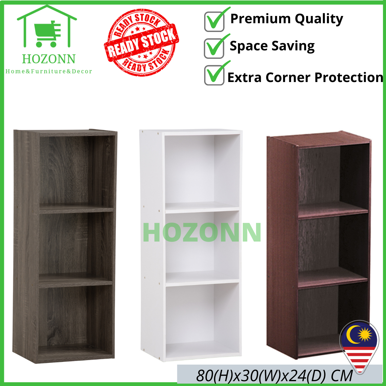 HOZONN Multiple Color 3 Tier Bookshelf Box Cabinet Wooden Book ...