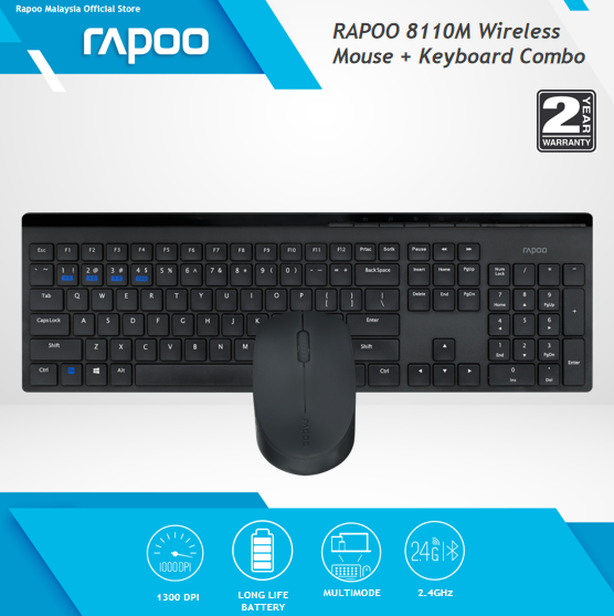 Rapoo 8110M Multi-Mode Wireless Bluetooth Keyboard/Mouse Combo Set - 2 ...