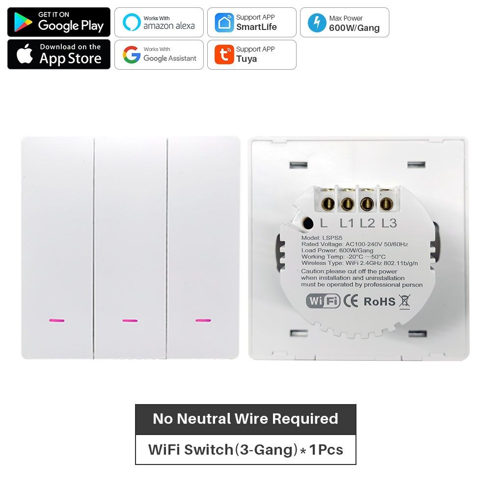 E Life Smart Store Tuya Smart Wifi Switch 220V 1/2/3 Gang No Neutral ...
