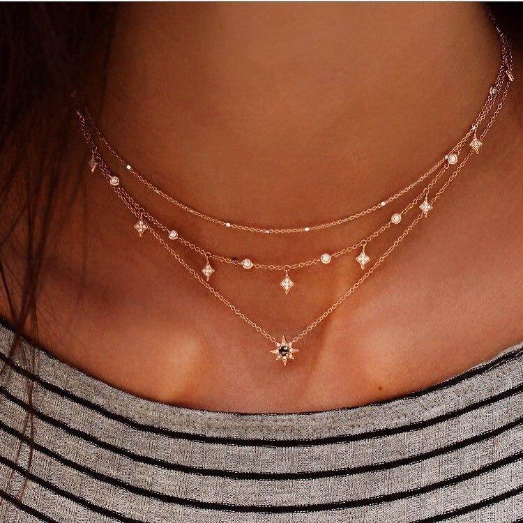 Gold color Choker Necklace for women Short crystal stars Pendant Chain ...