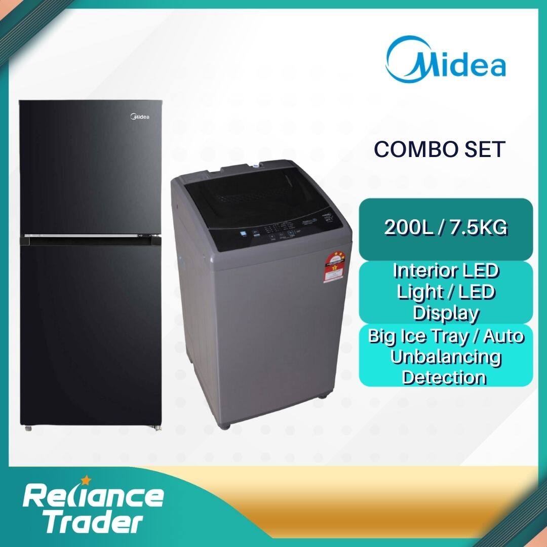 Midea Combo 200L 2-Door Refrigerator MDRT267MTB30 + 7.5kg Fully Automatic Top Load Washing ...