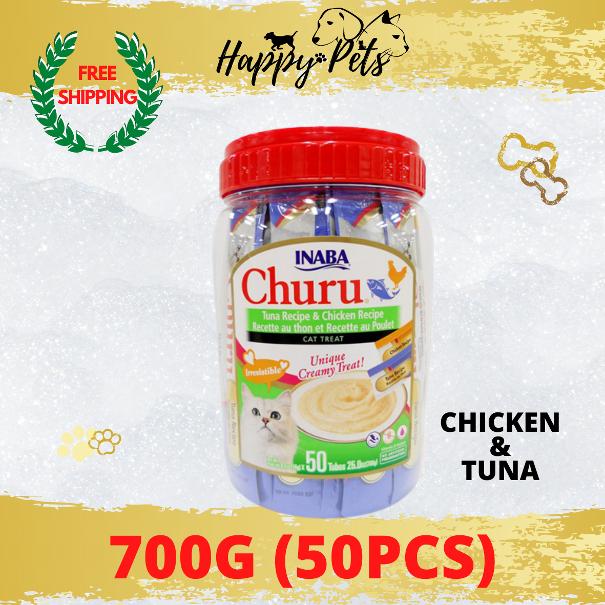 Inaba (Ciao) Churu Cat Treat Tuna Chicken Varieties Bottle (14g x 50pcs) (USA 653 A) TUNA AND ...