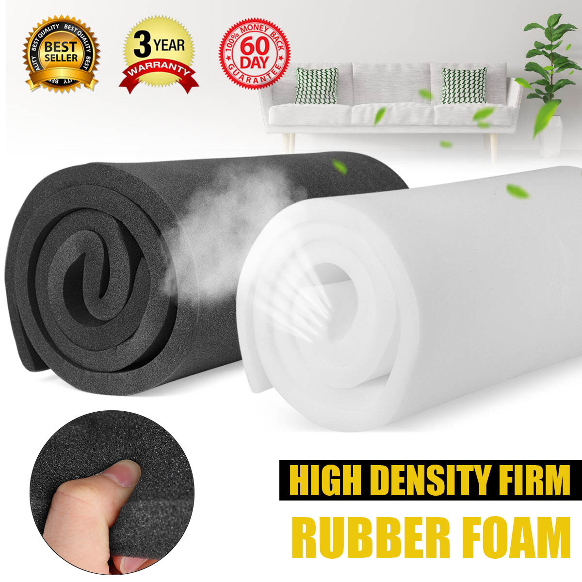 200X50cm High Density Seat Foam Rubber Replacement Upholstery Pad Black ...