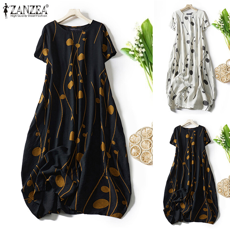 ZANZEA ชุดเดรสผู้หญิงแขนสั้นพิมพ์ลายคอกลมมีจุดกลางชุดเดรสชีฟองทรงตรง 2 ...