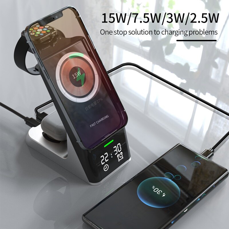 6IN1 Alarm Clock Magnetic Wireless Charger Stand For Airpods Pro Watch ...
