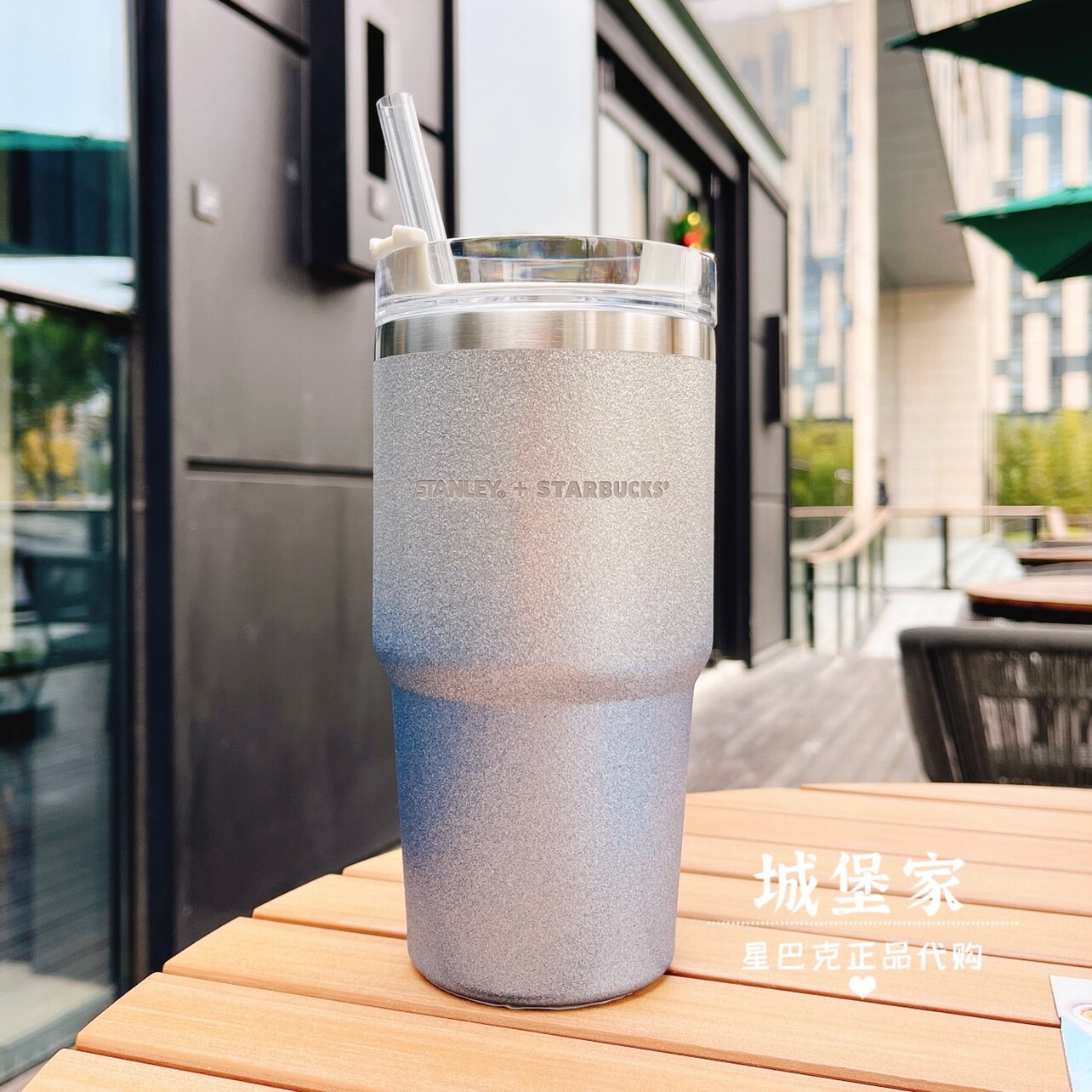 Starbuck ถ้วยสีฟ้าเงินระยิบระยับ Gradient Stanley สแตนเลสแก้วมีหลอดความ ...