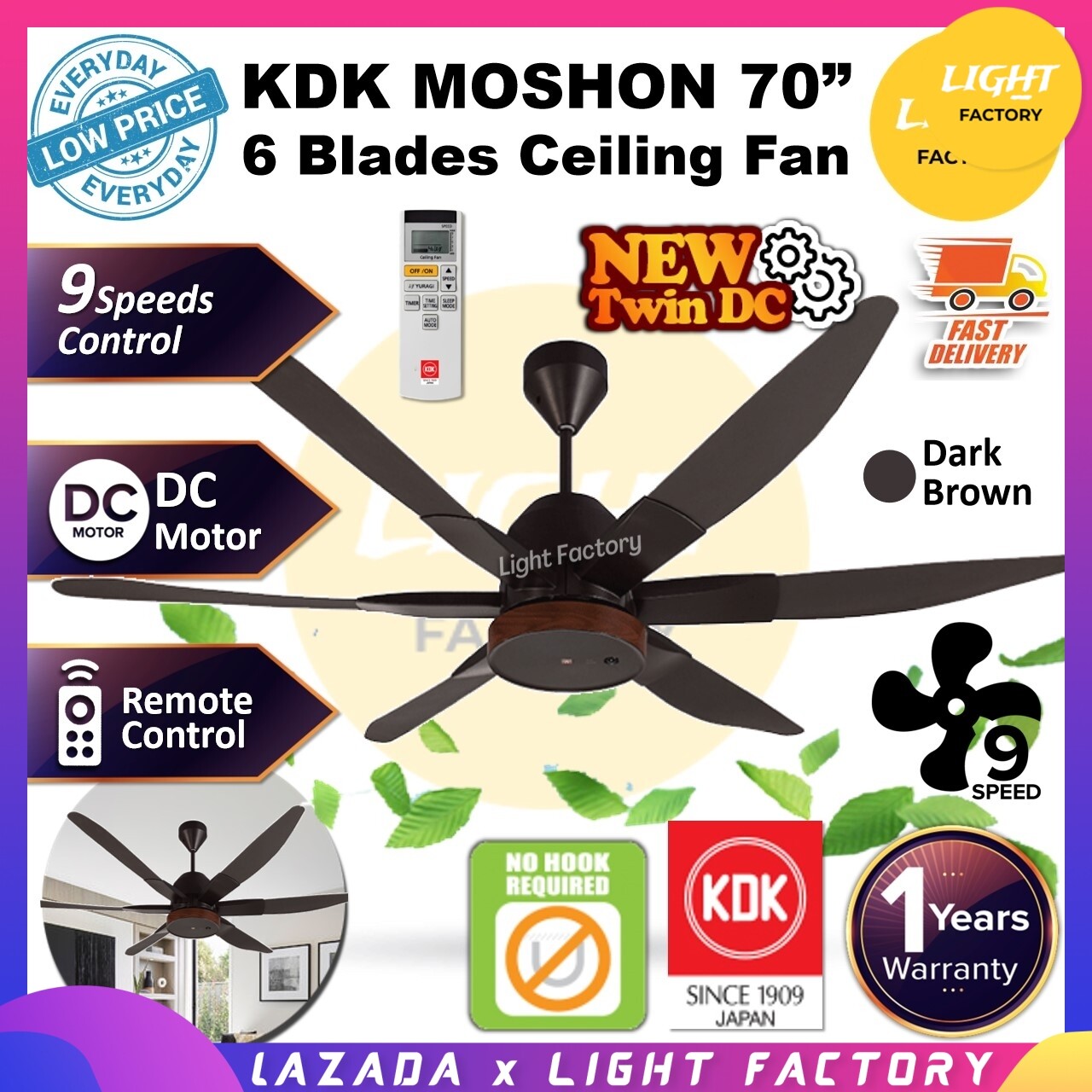 KDK K18NY-SBR 70" 6 Blades DC Motor Ceiling Fan with 9 Speeds Remote ...