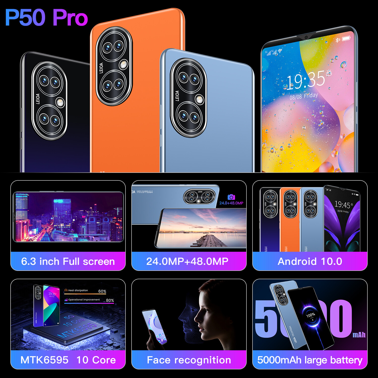 【การจัดส่ง + Ready】12GB RAM + 512GB ROM P50 Pro สมาร์ทโฟน Android 10.0โทรศัพท์มือถือ6.3นิ้ว Full ...
