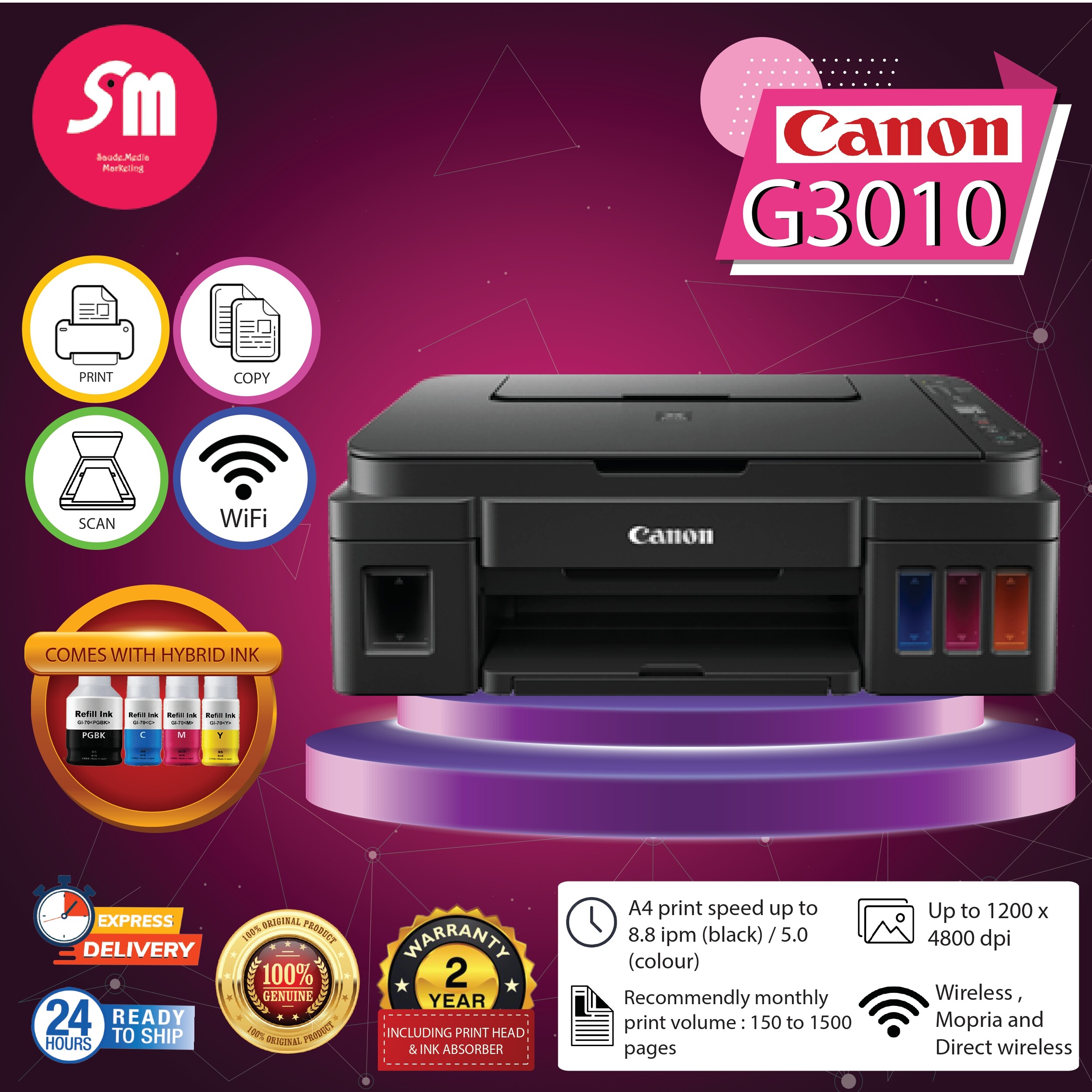 CANON PIXMA G3010 WIFI 3-IN-1 Inkjet Color Printer (Print, Scan, Copy ...