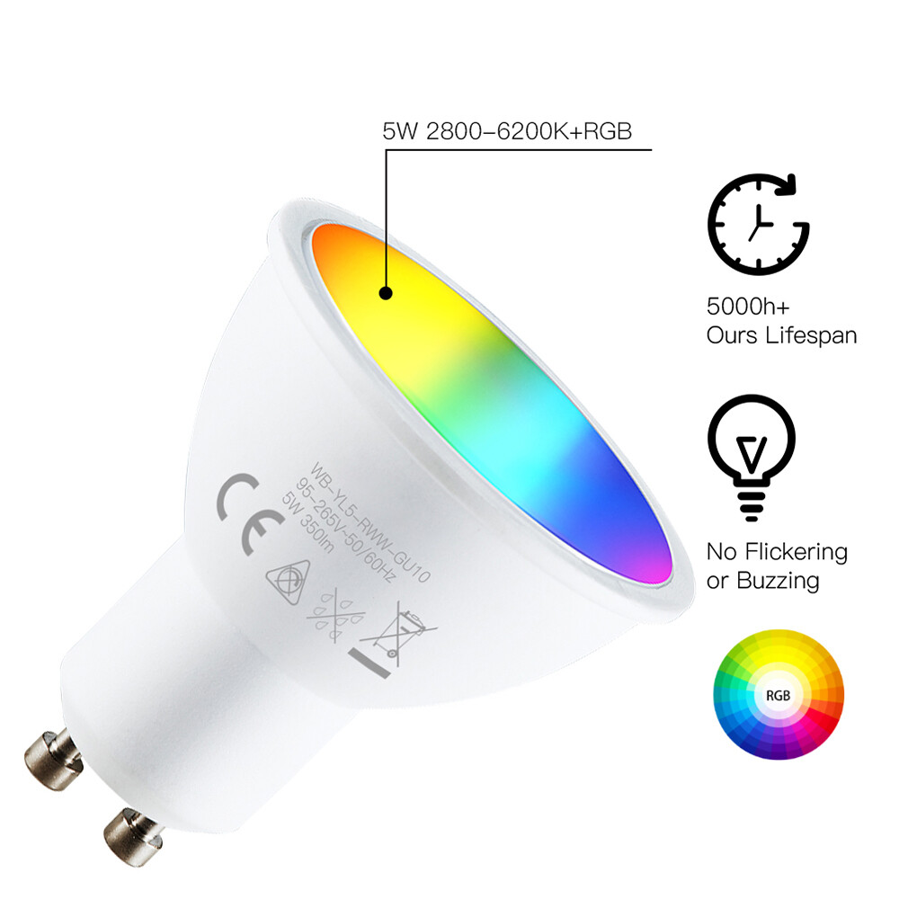 WiFi หลอดไฟอัจฉริยะไฟ LED 5W 90-265V 2800K-6200K + RGB GU10ไฟหรี่ได้ ...