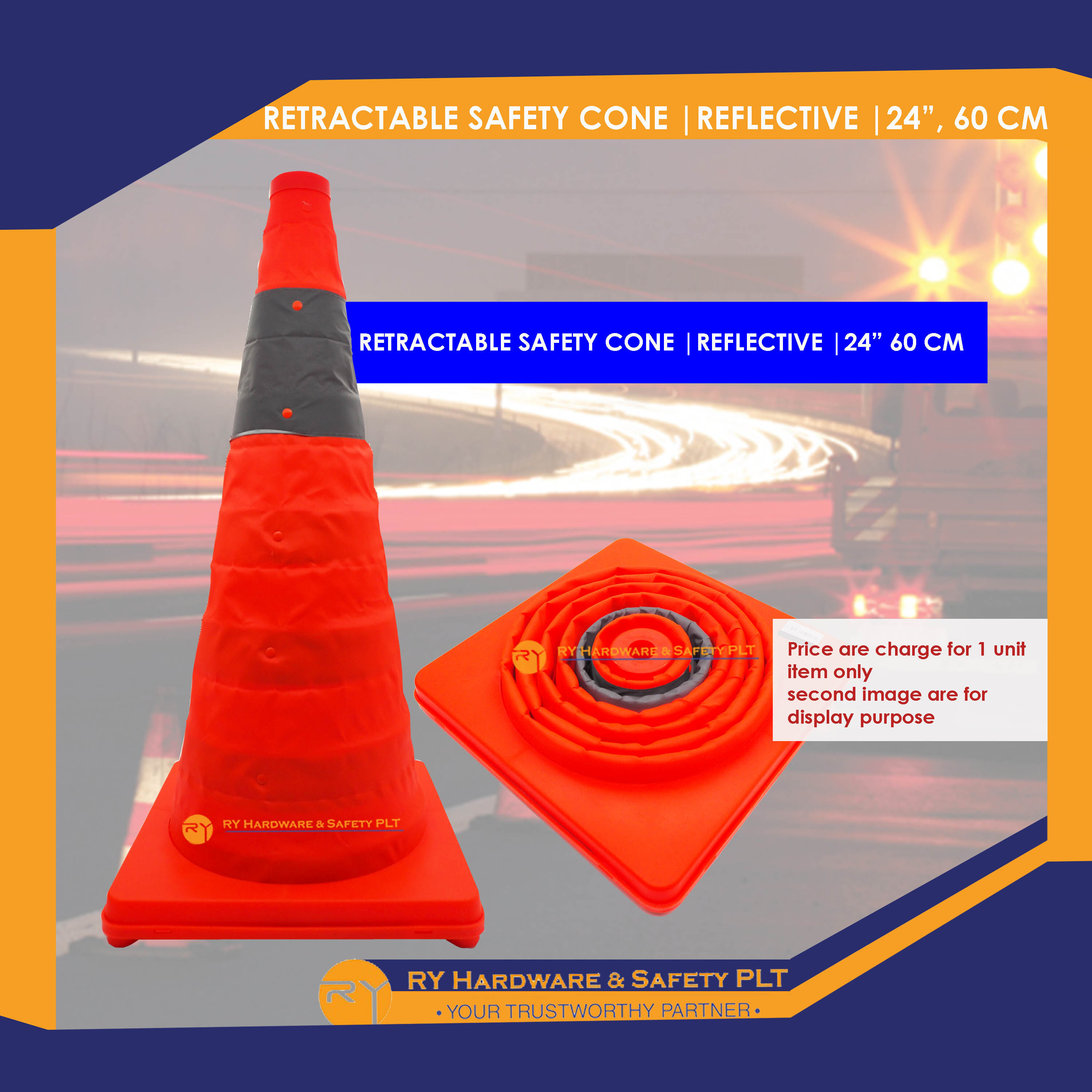 RETRACTABLE SAFETY CONE | REFLECTIVE | 24”, 60 CM | KON KESELAMATAN ...