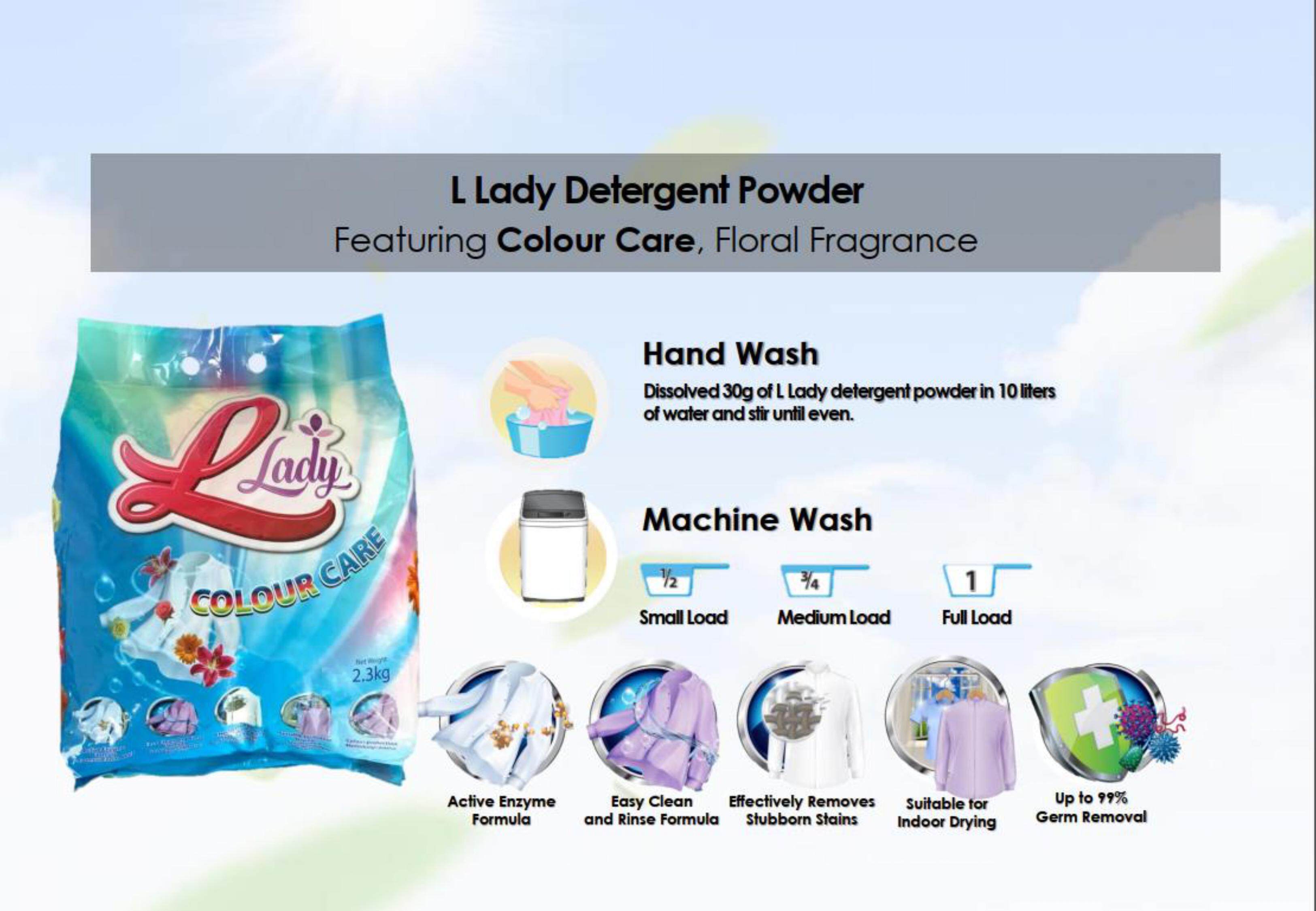 L Lady Detergent Powder 2.3kg Anti Bacterial Colour Care Lemon Floral ...