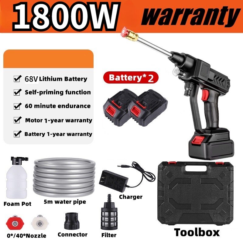 1800W Cordless Water Jet Portable Car Wash High Pressure Water Gun Machine Spray Cleaner ...