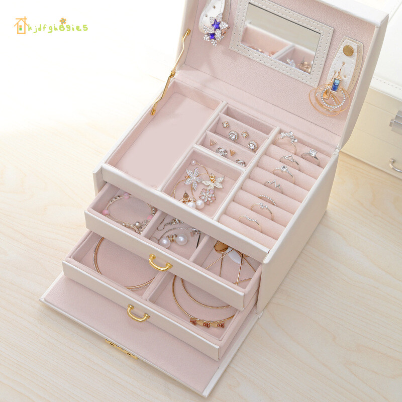 KJDF กล่องเครื่องประดับอัญมณี3ชั้นลิ้นชักกระจกและจับกระเป๋าโน้ตบุ๊ค ...