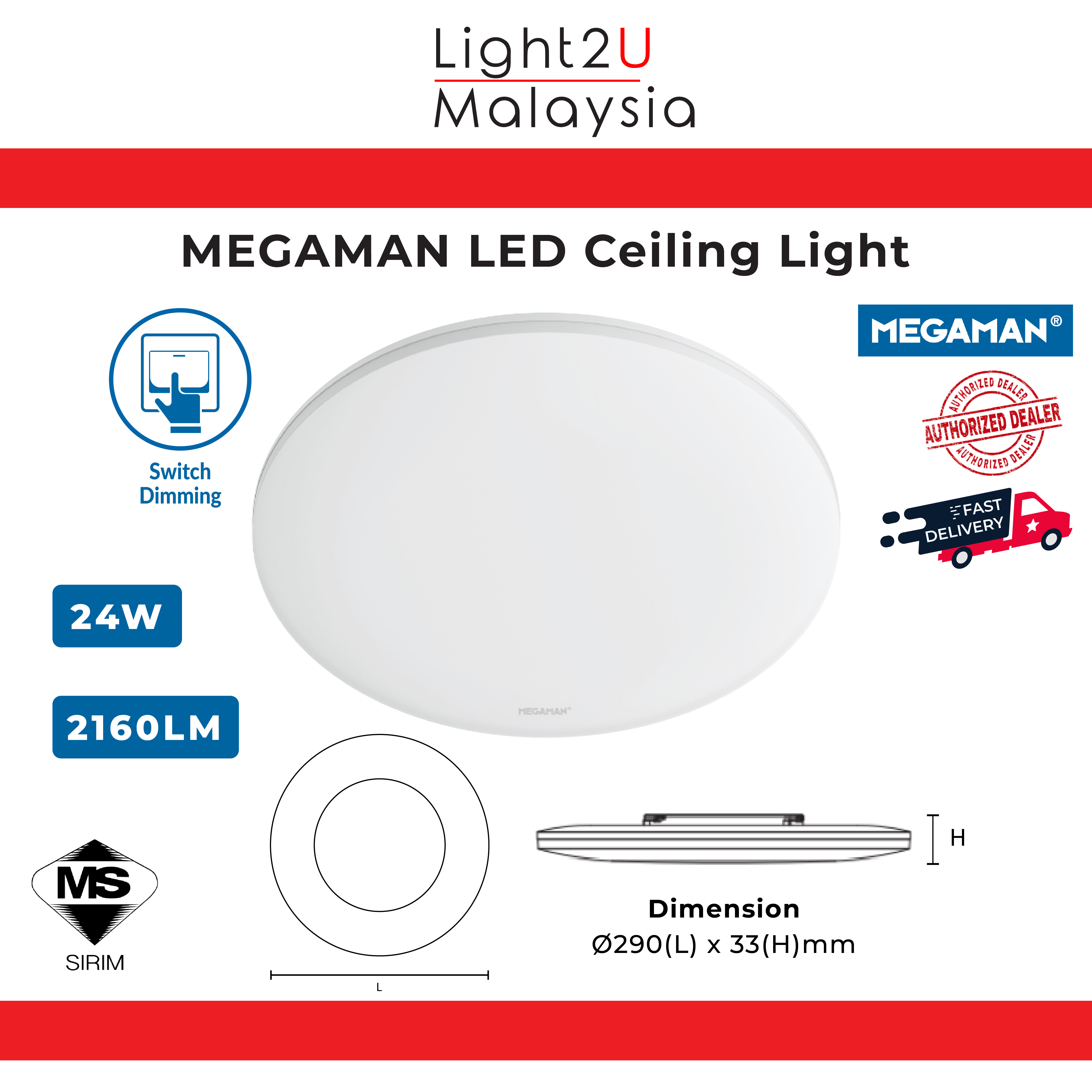 MEGAMAN MXL1075 LED Round Surface Ceiling Light 24W/36W 12"/14" (White ...
