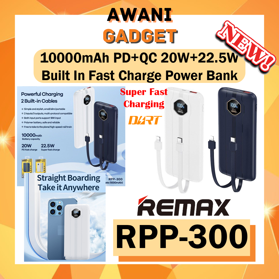 Remax RPP-300 10000mAh Power Bank Built In Cable Super Fast Charge ...