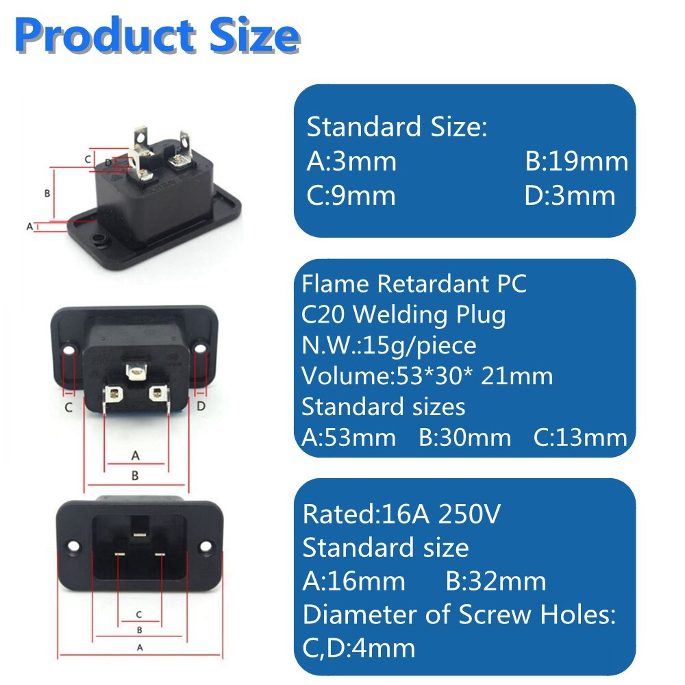 2pcs AC Power Socket, IEC 320 C19 C20 Panel Mount Plug Connector, 16A ...