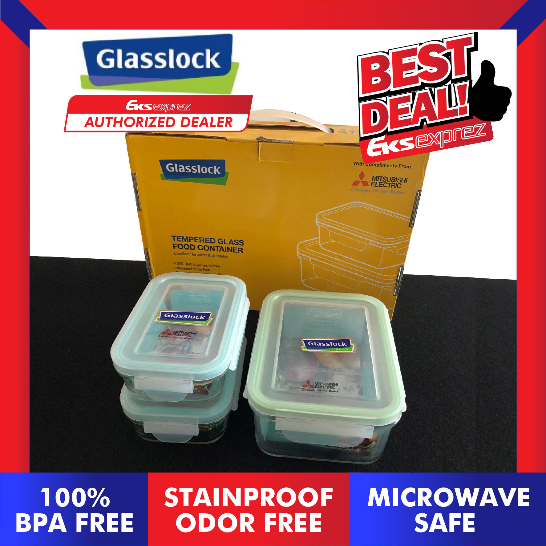 Glasslock Tempered Glass Food Container (400ml x 2 ; 1100ml x 1) | Lazada
