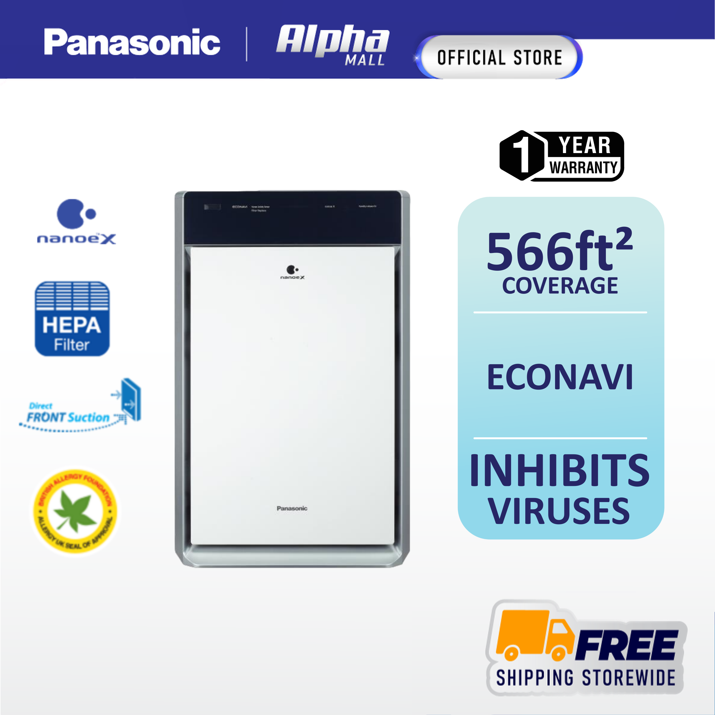 PANASONIC F-VXV70A NANOEX AIR PURIFIER F-VXV70AWM WITH HEPA FILTER ...