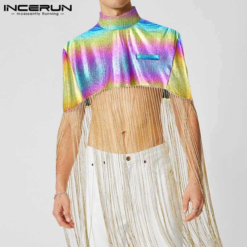 INCERUN เสื้อครอปแต่งพู่แขนสั้นสำหรับผู้ชายแต่งเปียกมันเงาเสื้อครอป ...