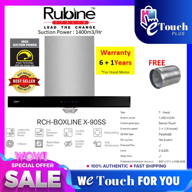 Rubine Cooker Hood 1400 m³/hr with Sensor Touch Control Panel / FREE ...