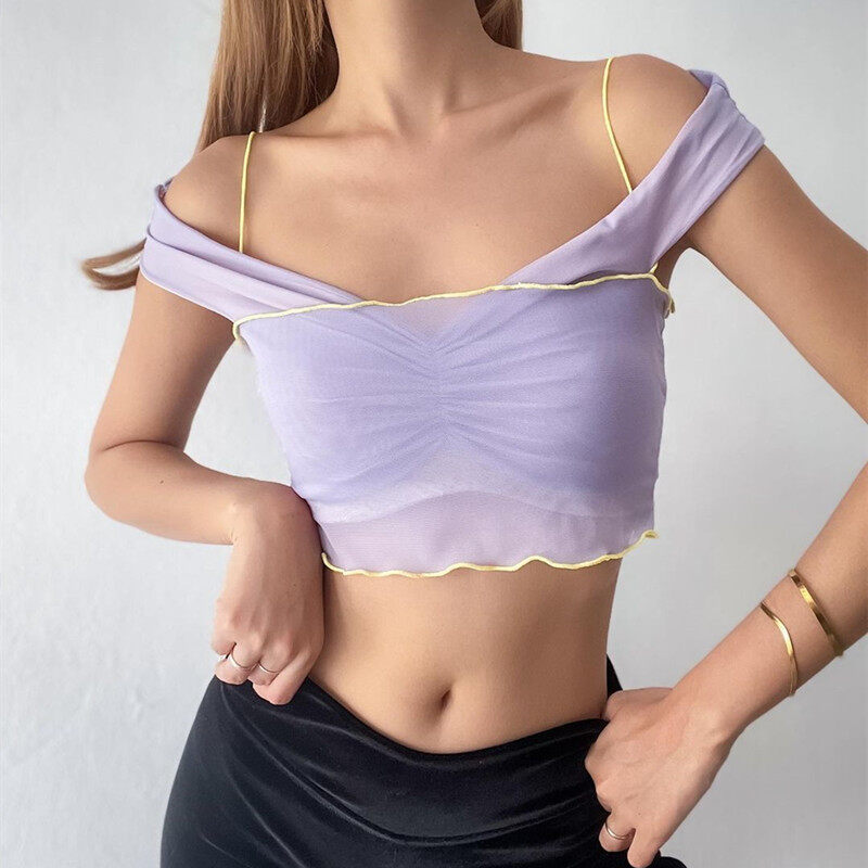 Women’s Vest and Camisoles Suit Fashion Solid Color Halter Tops and Mesh Yarn Suspender Crop ...