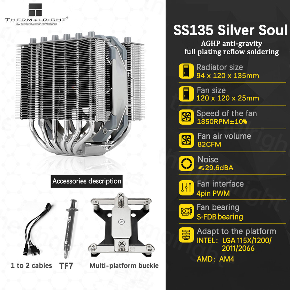 Thermalright SS135 Silver Soul CPU Cooler 6 Heat Pipe AGHP 135 Height ...